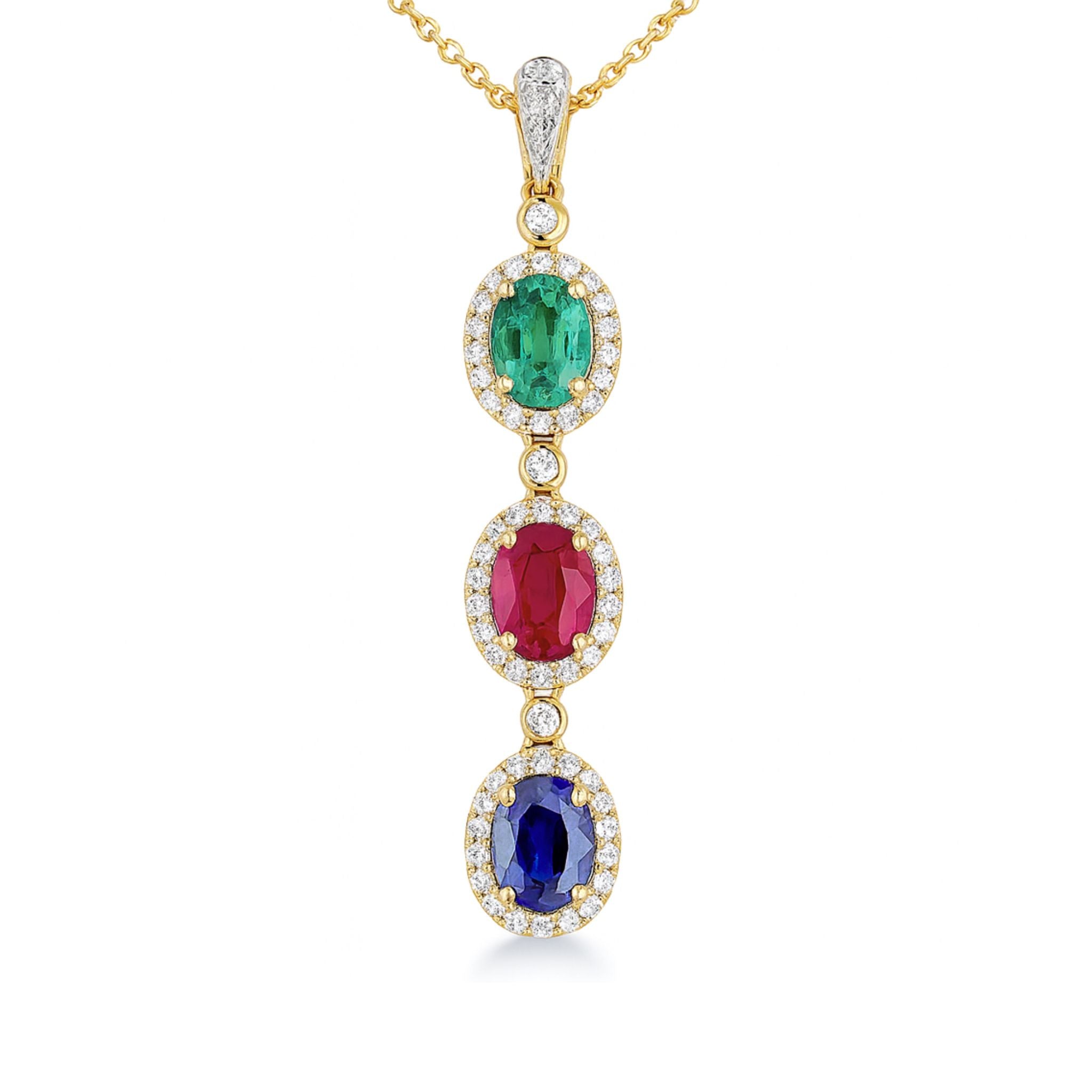 14K 2.78ct Oval Burma Ruby, Colombian Emerald, and Blue Sapphire 0.48cttw VS White Diamond ...