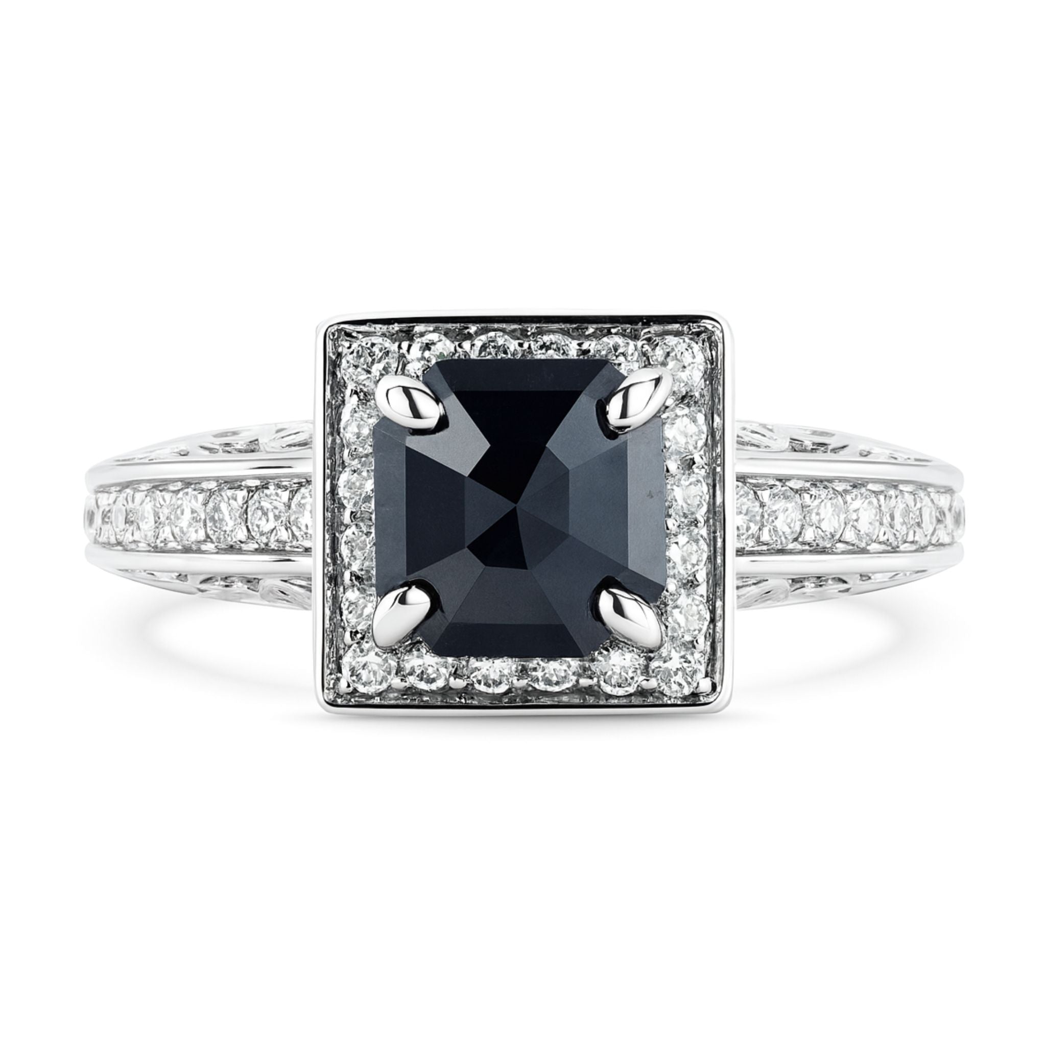 18K 1.31ct Asscher Cut Black Diamond 0.66cttw White Diamonds Ring | TVON